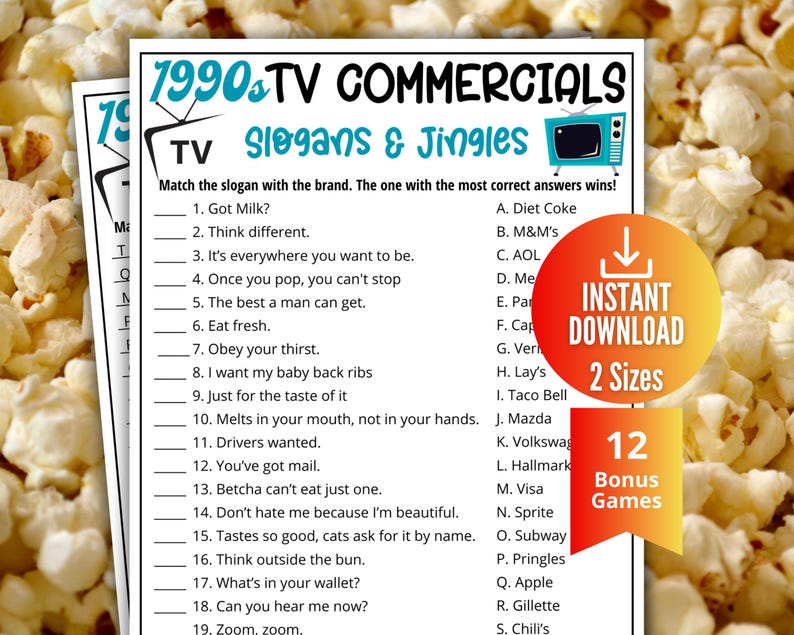 1990s Slogan Trivia Game, 90s Ad Slogans Jingles, TV Commercial Match ...