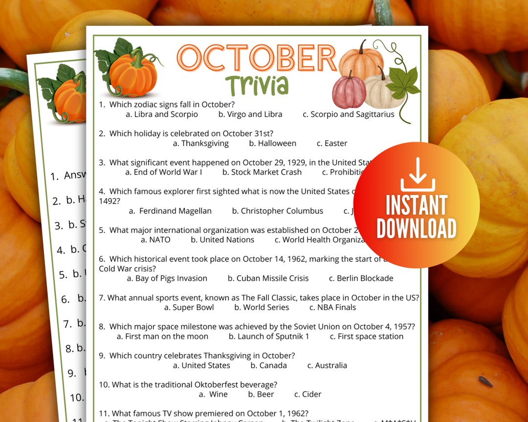October Trivia Game, Fall Season Game, Autumn Party Game, Monthly Fall ...