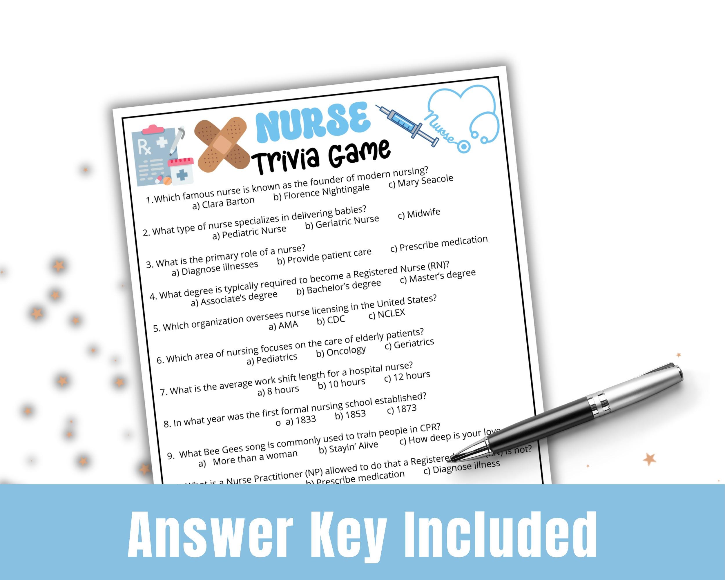 Nurse Trivia Game, Printable Nurse Appreciation Game, Medical Hospital ...
