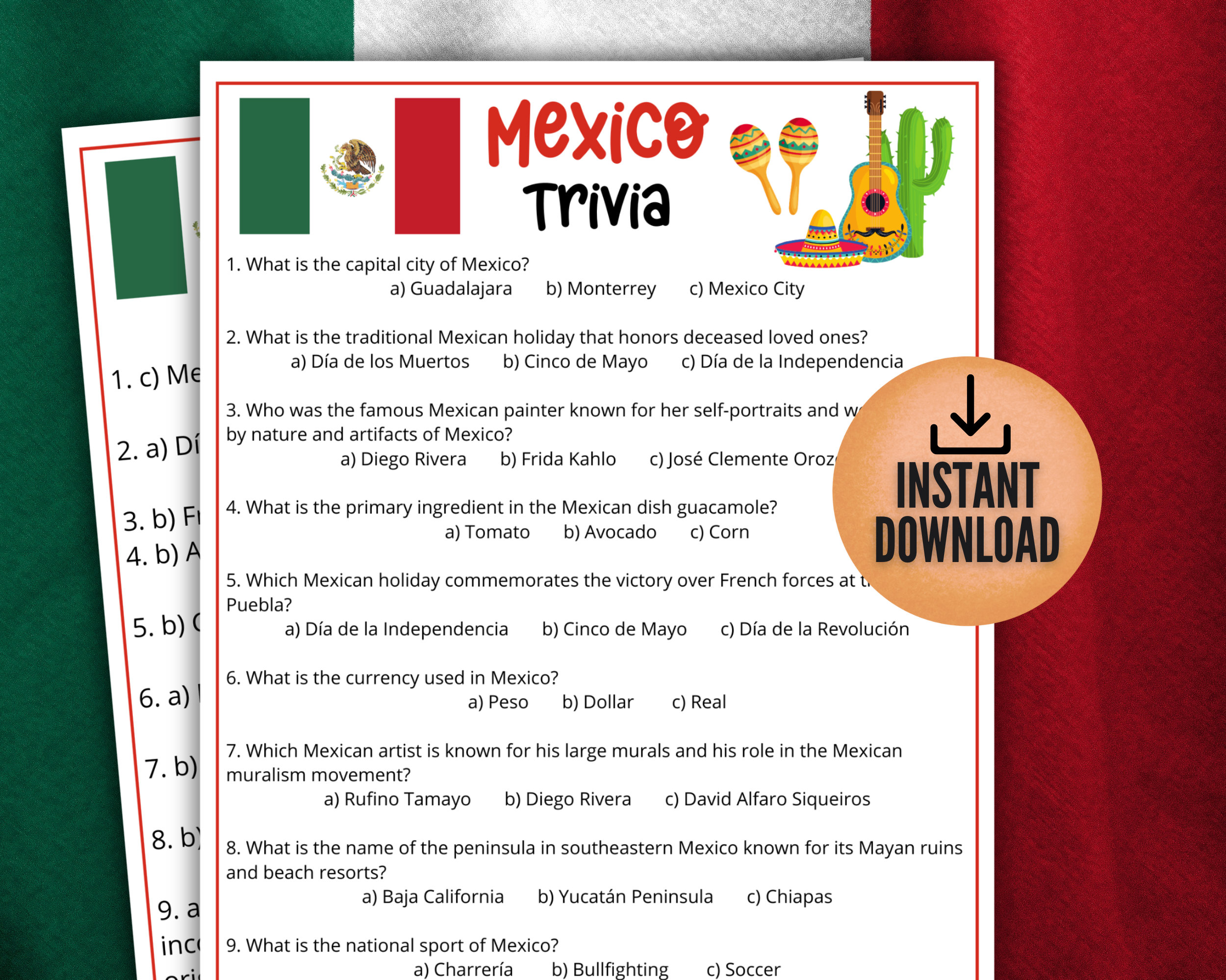 Mexico Trivia Game, Printable Multiple Choice Mexican Game,spanish ...
