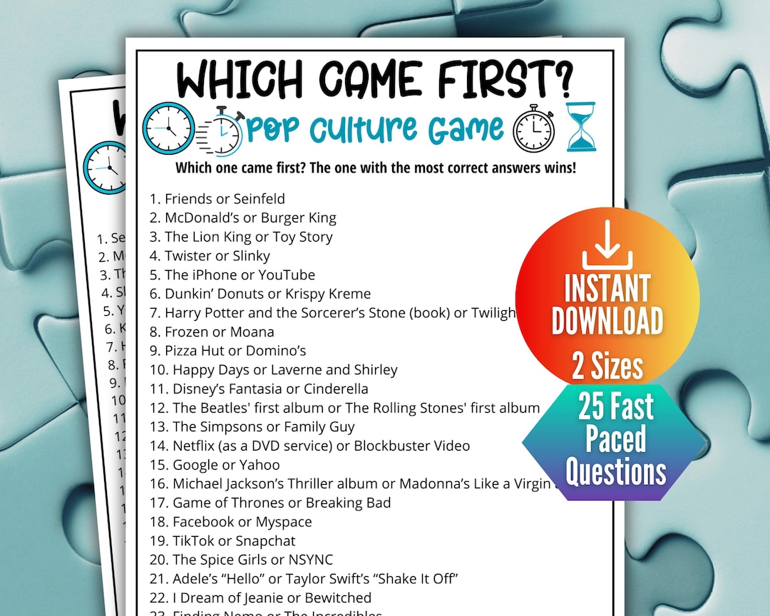 Pop Culture Trivia Game, Guess Which Came First Quiz,printable Game for ...