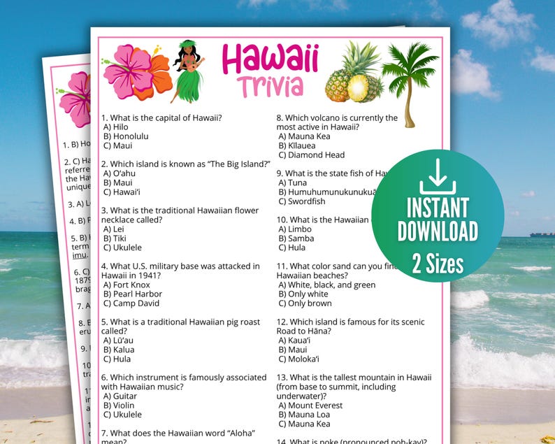 Hawaii Trivia Game, Printable Luau Game for Kids & Adults,tropical Baby ...