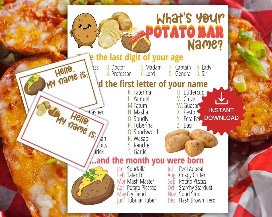 What's Your Potato Bar Name Game WITH NAMETAGS +sign,baked Potato Bar ...