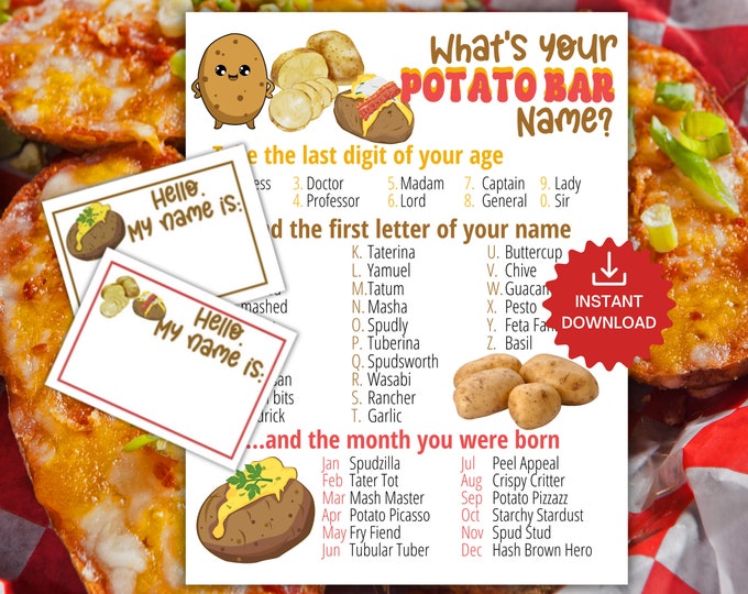 What's Your Potato Bar Name Game WITH NAMETAGS +sign,baked Potato Bar ...