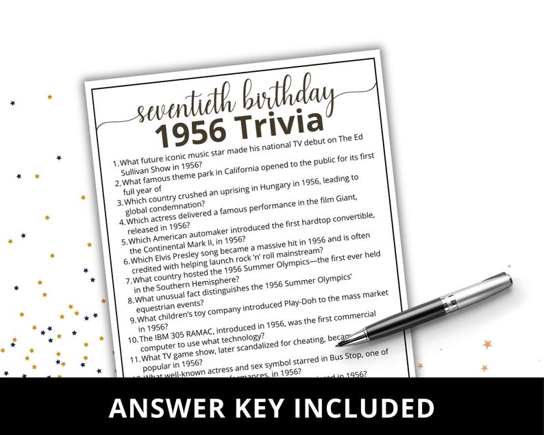 1956 Trivia Game, 70th Birthday Party Games, Born in 1956 Game, 1956 ...