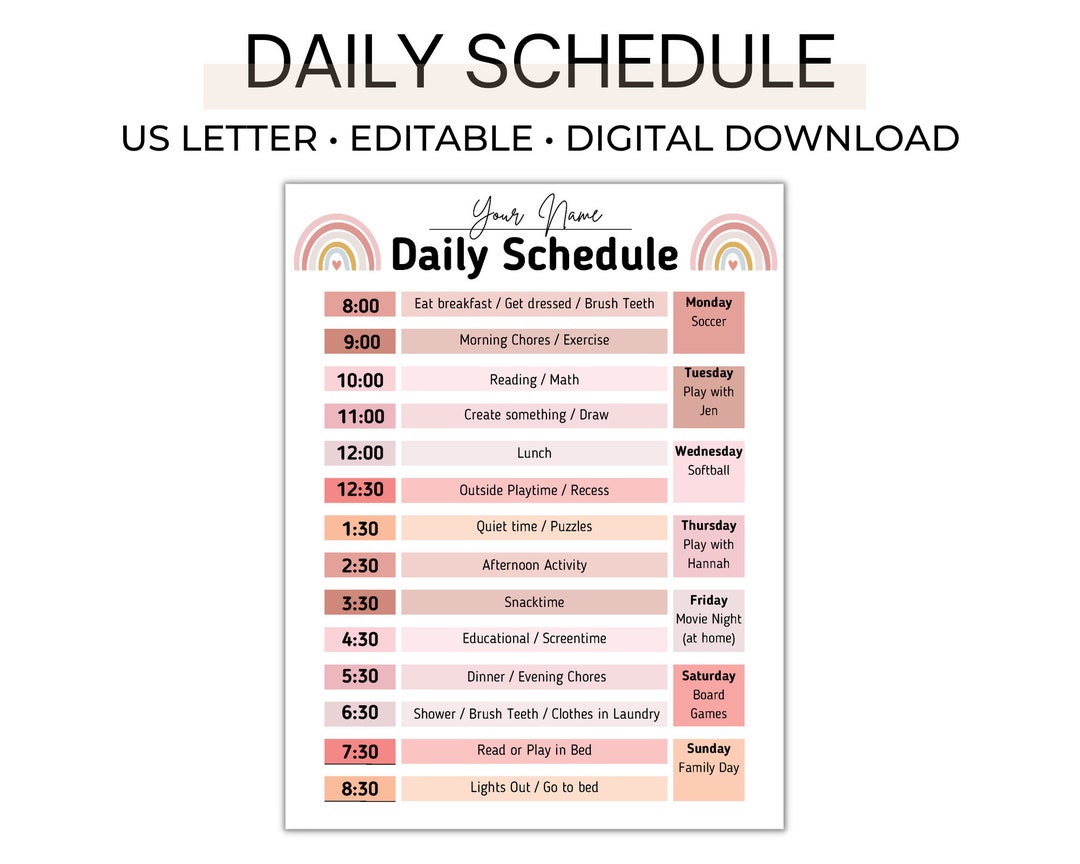 Daily Schedule, Daily Routine Editable PDF, Daily Routine Template - Etsy
