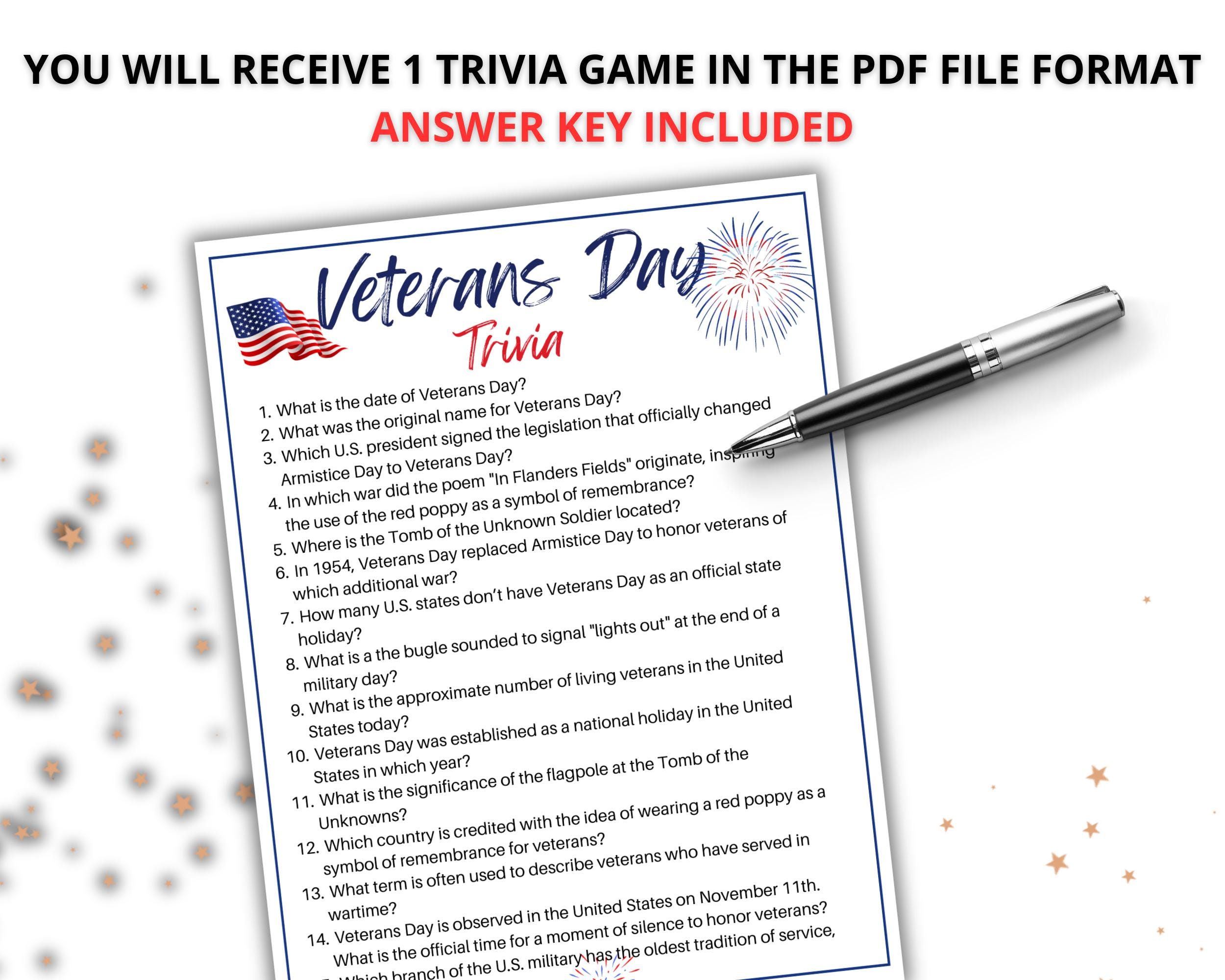 Veterans Day Trivia, Veterans Day Trivia Game, President's Day Trivia ...