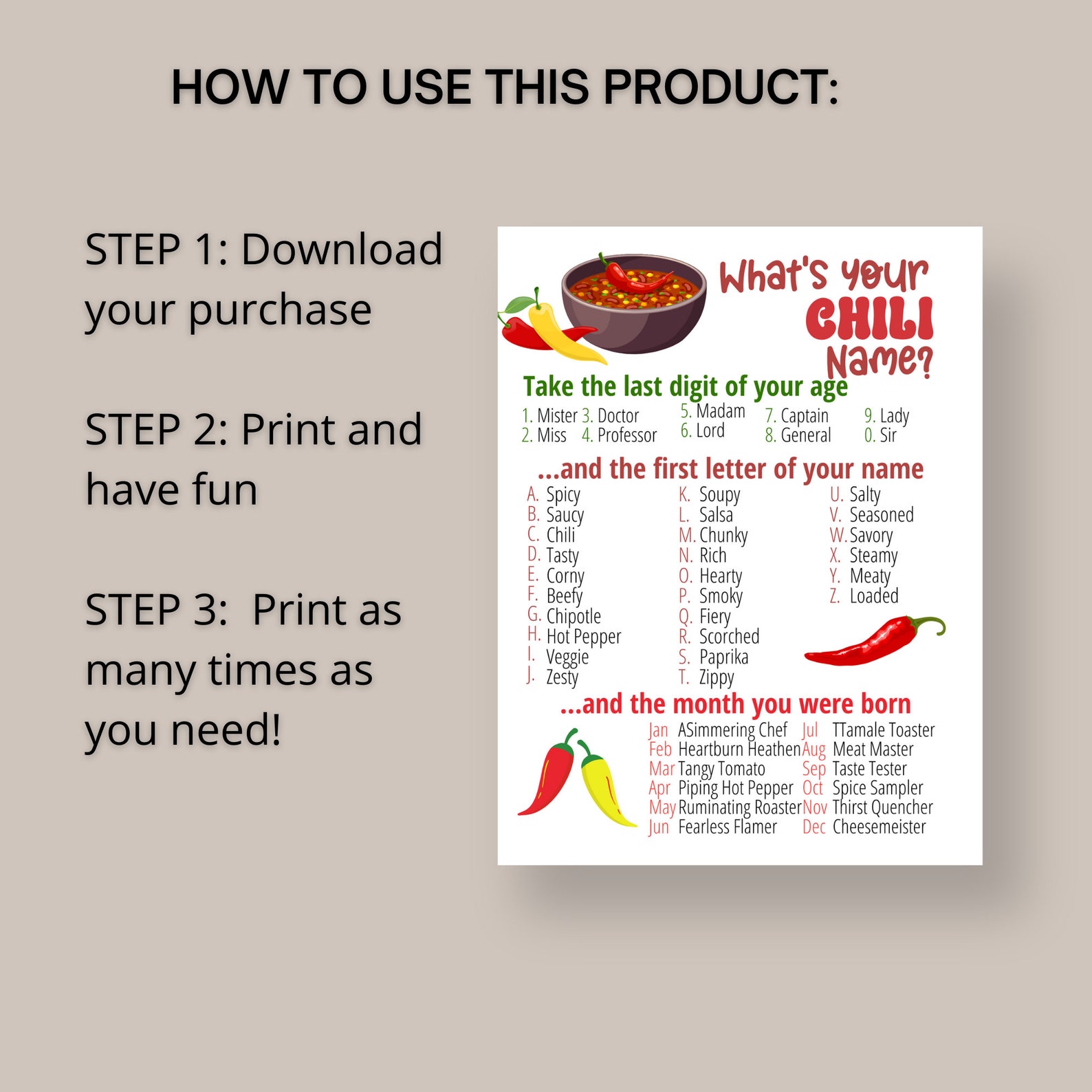 What's Your Chili Name Game WITH NAMETAGS SIGN, Chili Party Game, Chili ...