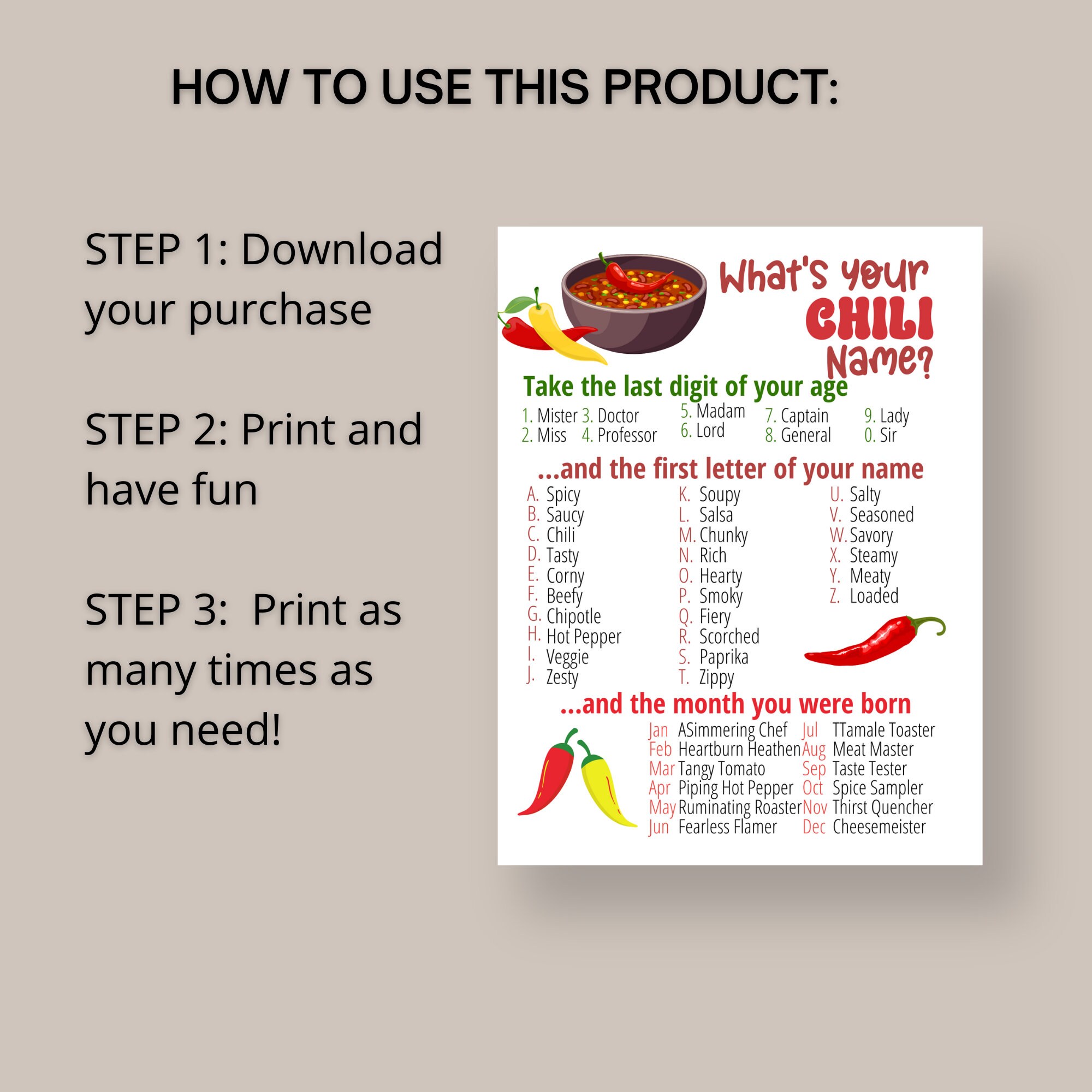 What's Your Chili Name Game WITH NAMETAGS SIGN, Chili Party Game, Chili ...