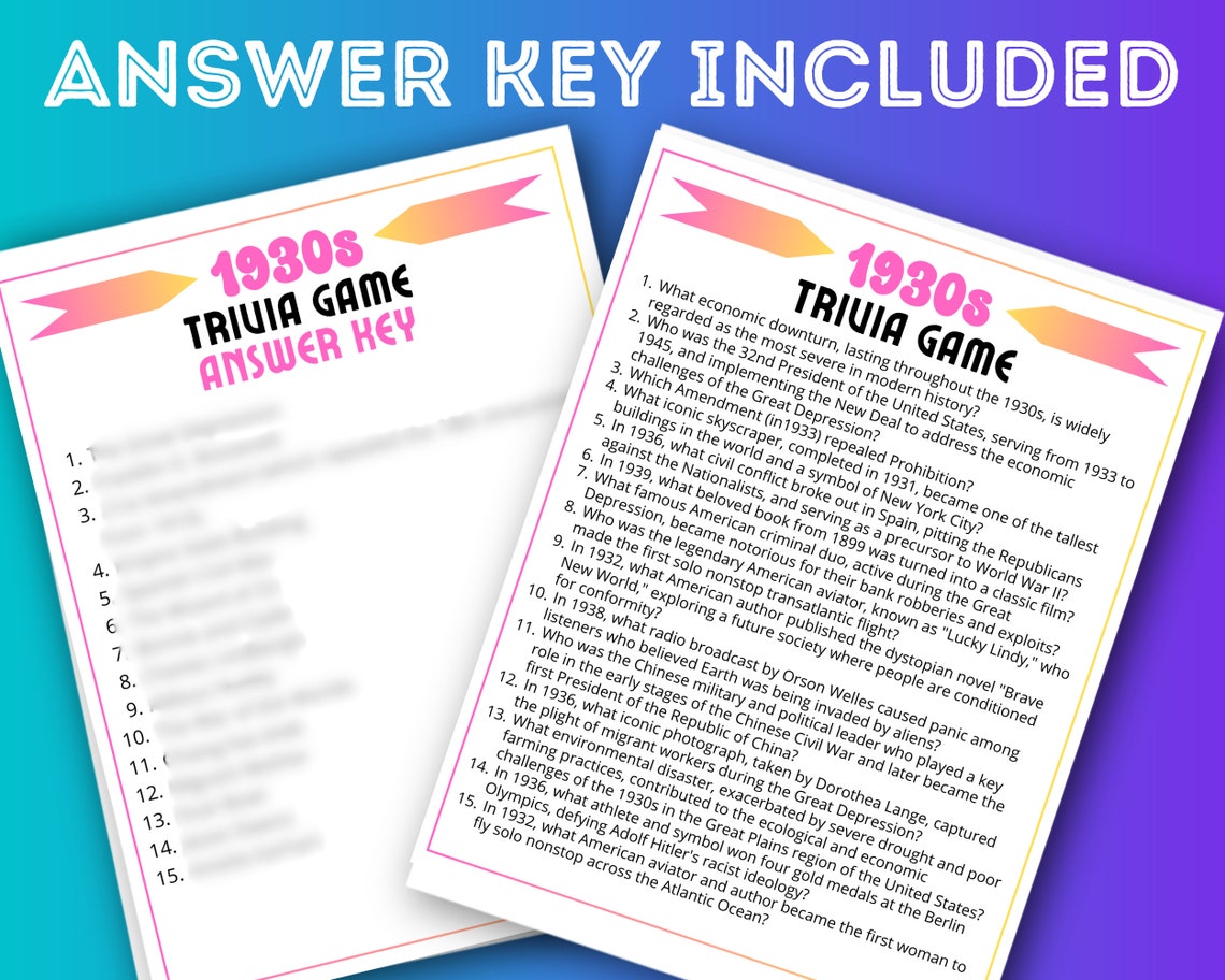 1930s Decade Trivia Game, Trivia Questions, 30s Trivia Quiz, 1960s ...
