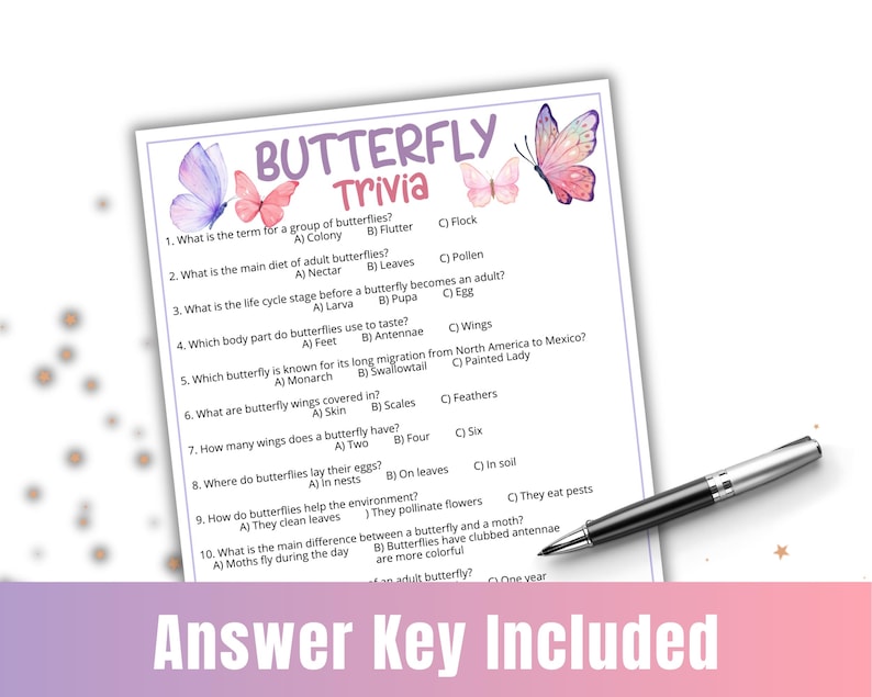 Butterfly Trivia Game, Printable Butterfly Party Game for Kids & Adults ...