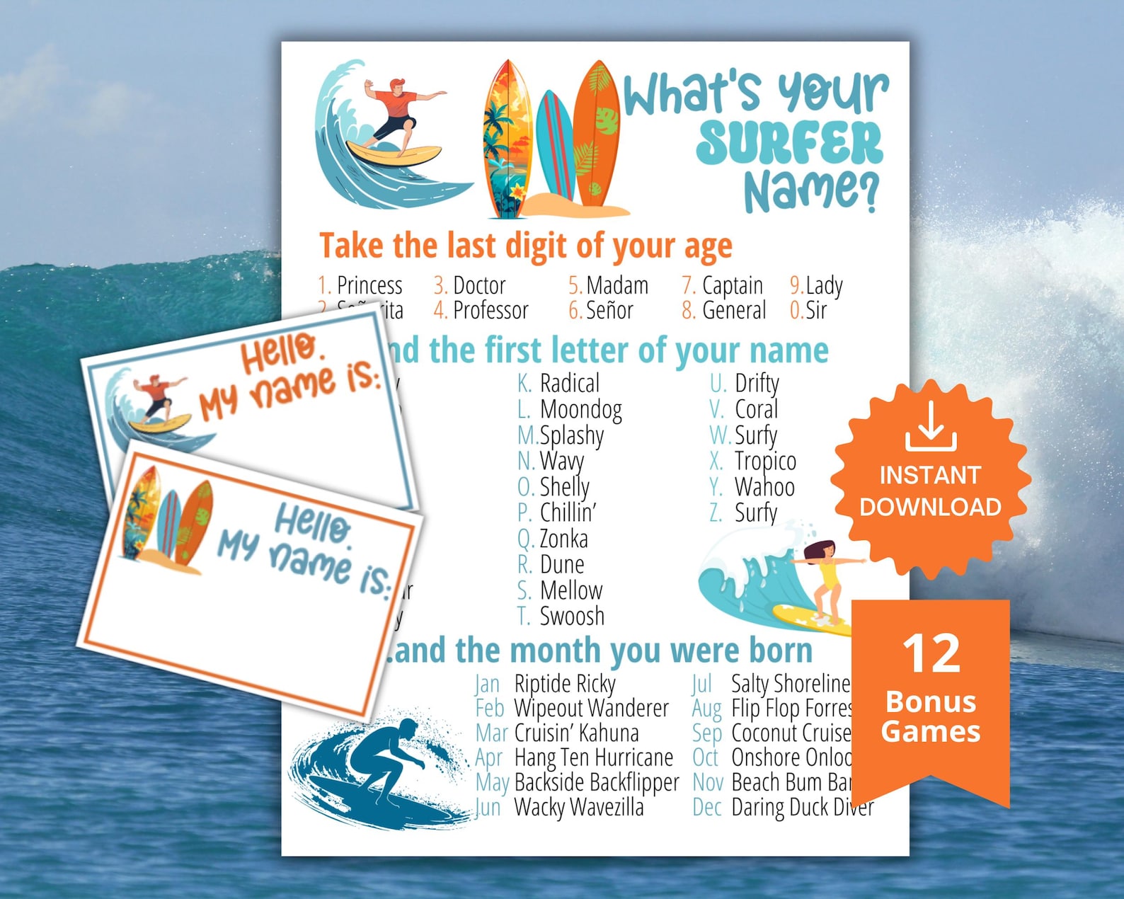 What's Your Surfer Name Game WITH NAMETAGS + Sign,beach Vacation Party ...