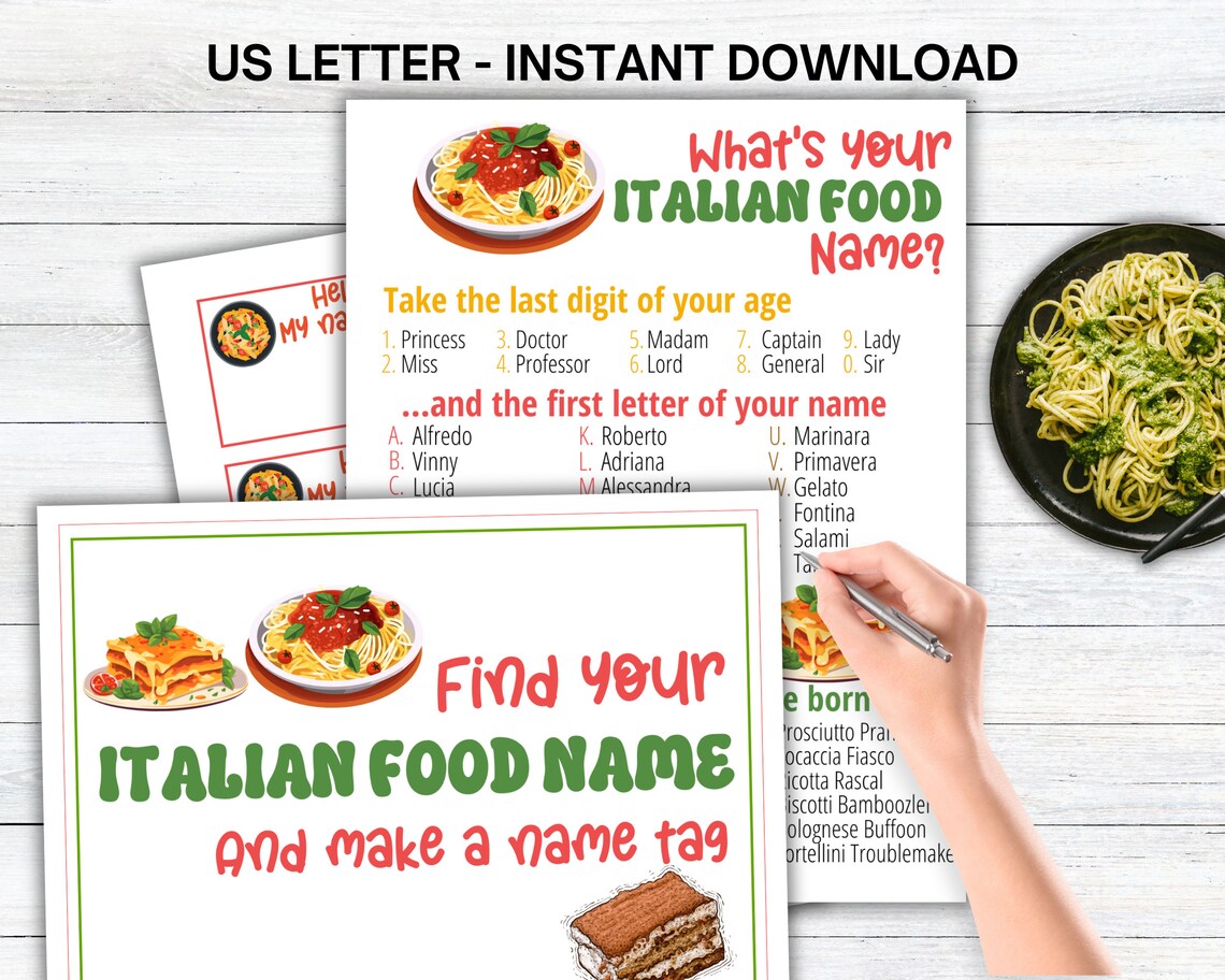 What's Your Italian Food Name Game WITH NAMETAGS +SIGN, Pasta Dinner ...