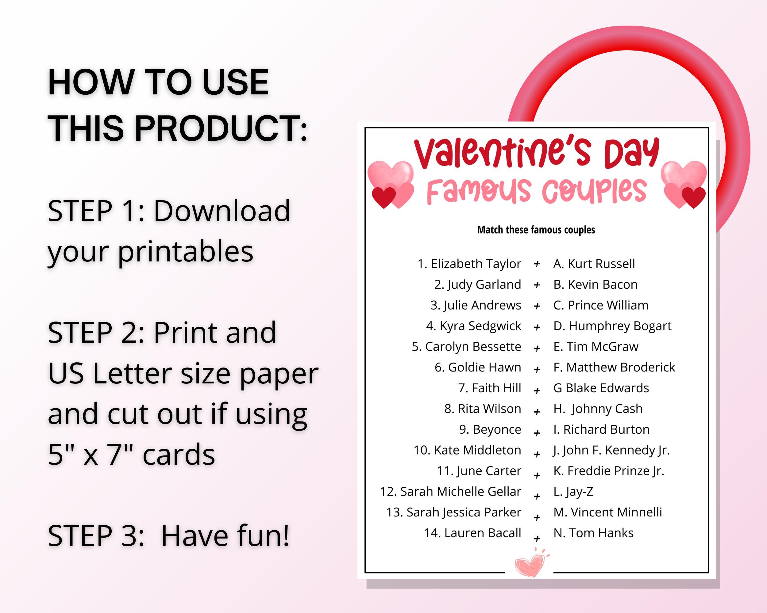Valentine's Day Famous Couples Trivia Game, Celebrity Pairs, Valentine ...