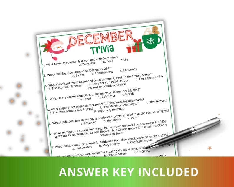 December Trivia Game, Winter Season Game, Holiday Party Game, Monthly ...