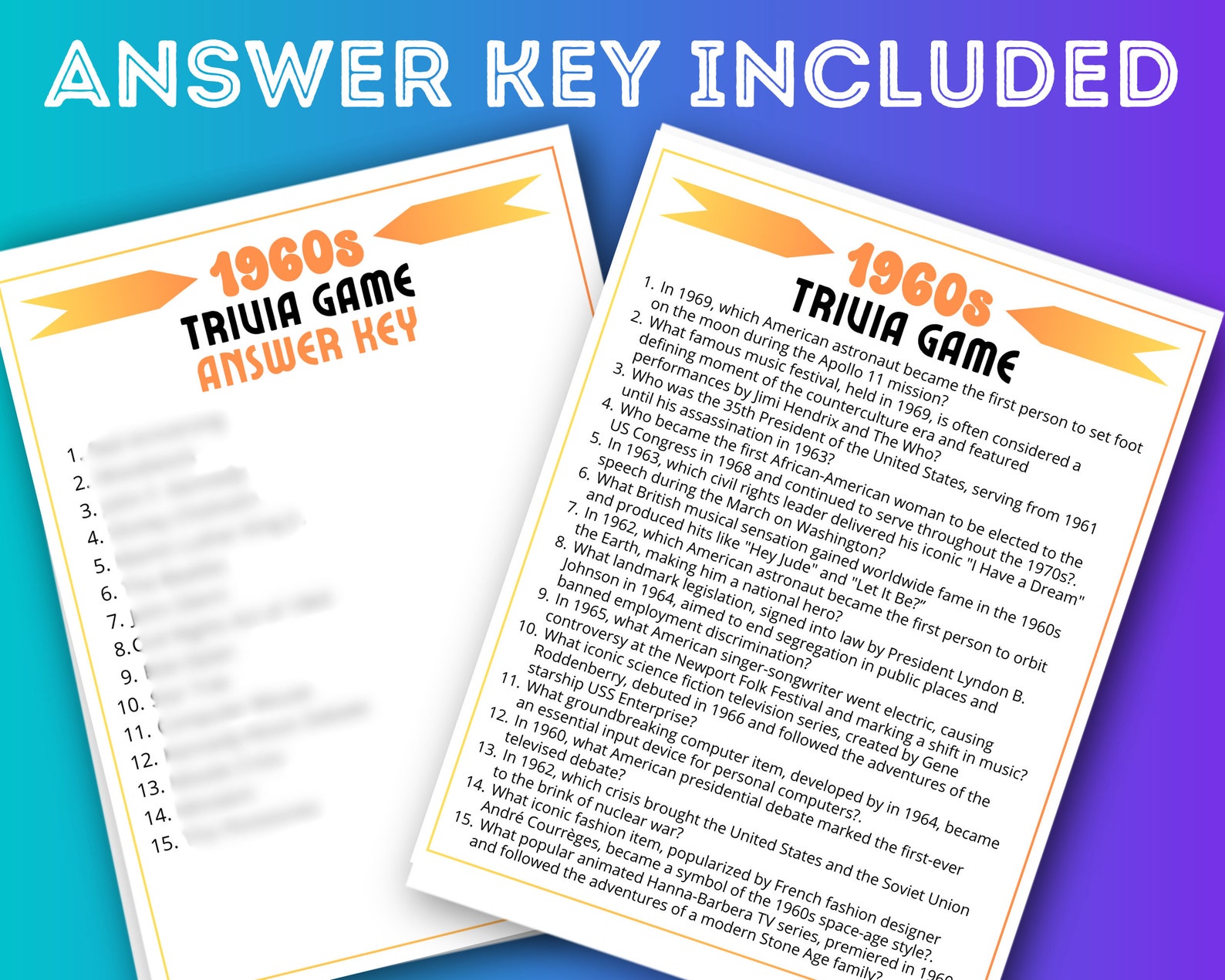 1960s Decade Trivia Game, Trivia Questions, 60s Trivia Quiz, 1960s ...