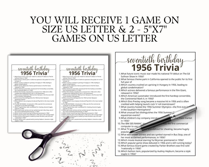 1956 Trivia Game, 70th Birthday Party Games, Born in 1956 Game, 1956 ...