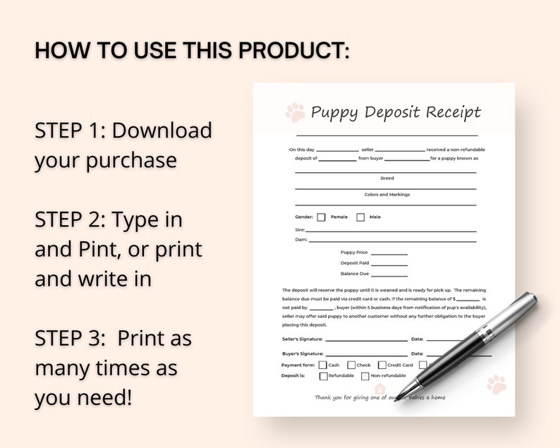 Puppy Deposit Receipt, Dog Breeder Forms, Best Selling Puppy Deposit ...