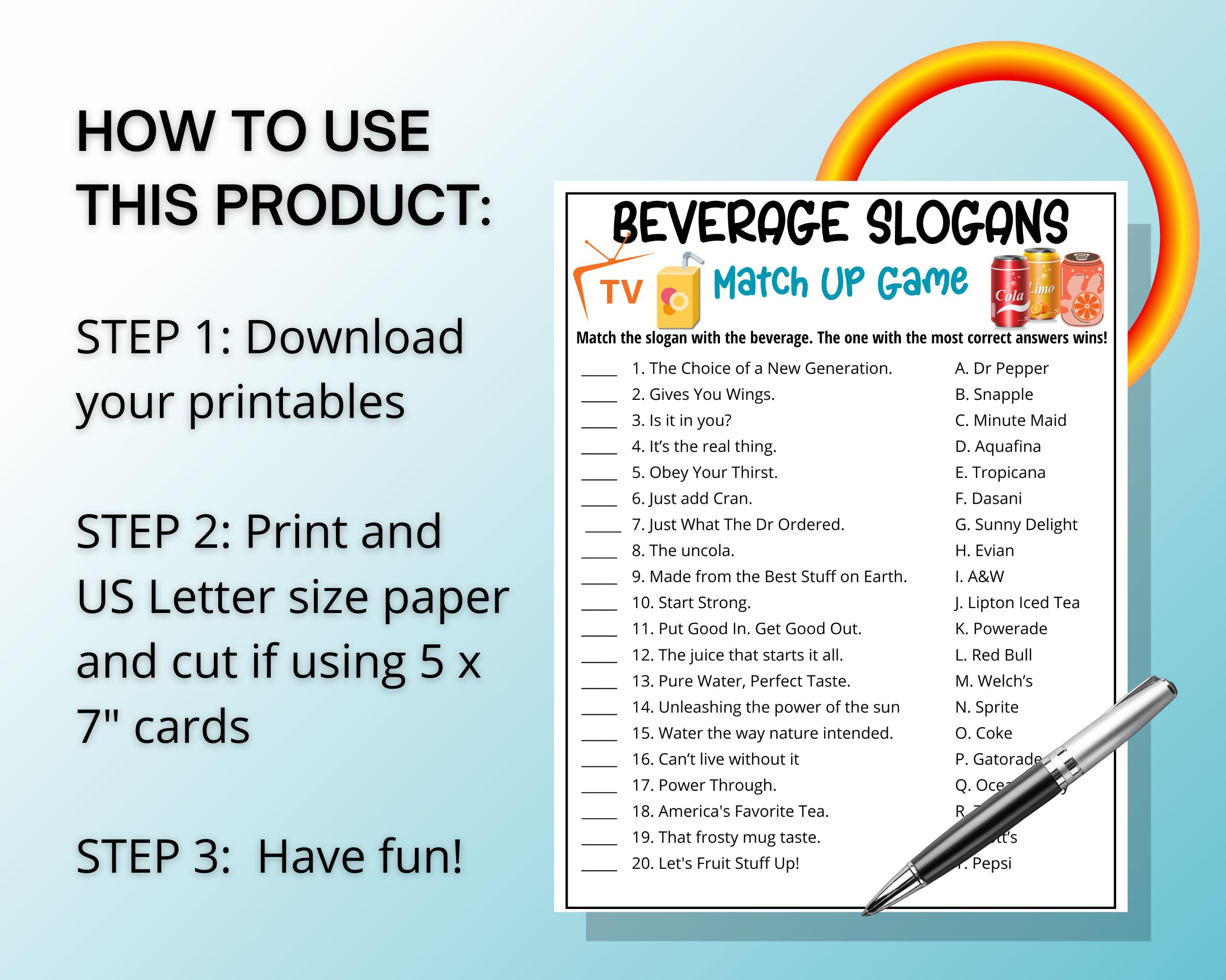 Beverage Slogan Trivia Game, Ad Slogan Match up Quiz,printable TV ...