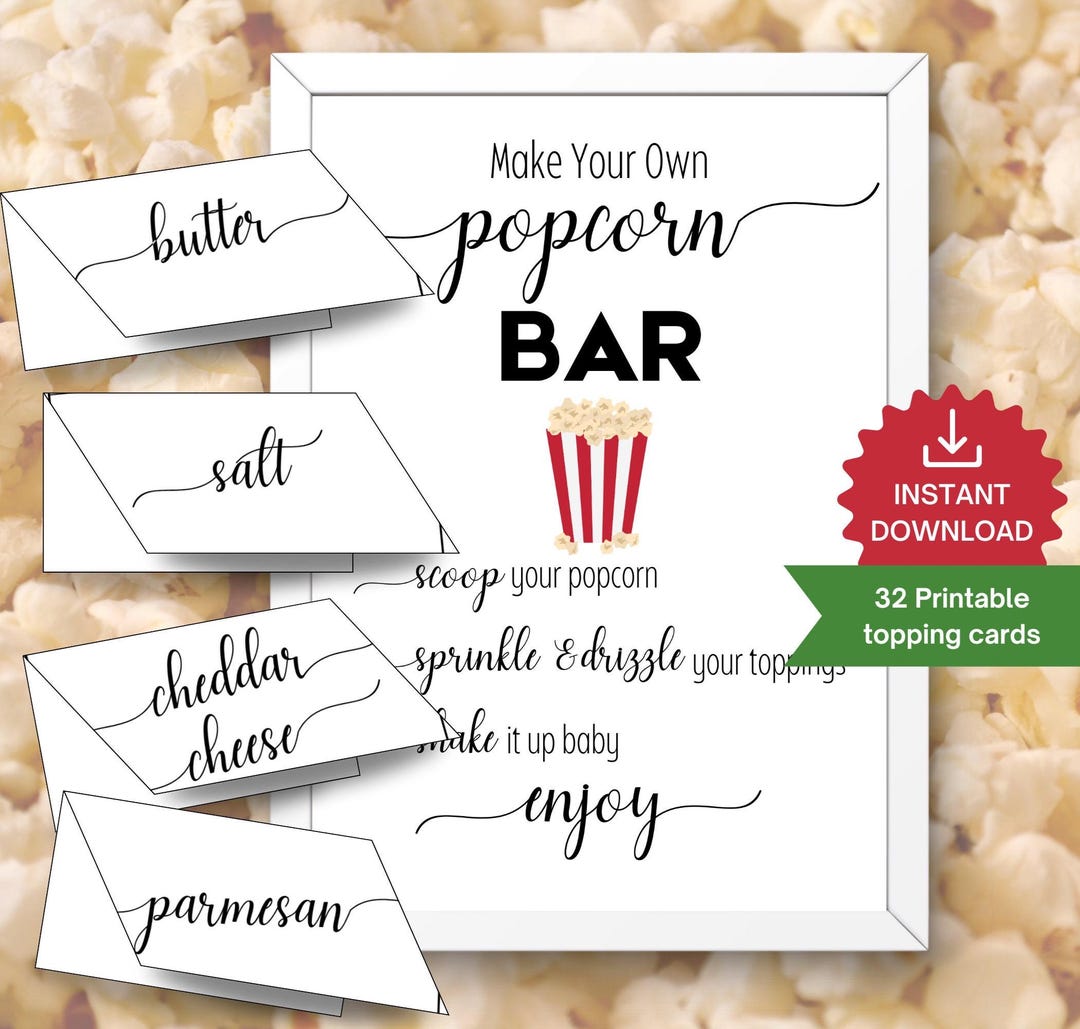 Popcorn Bar Table Signs, Popcorn Themed Birthday Party, Baby Shower ...