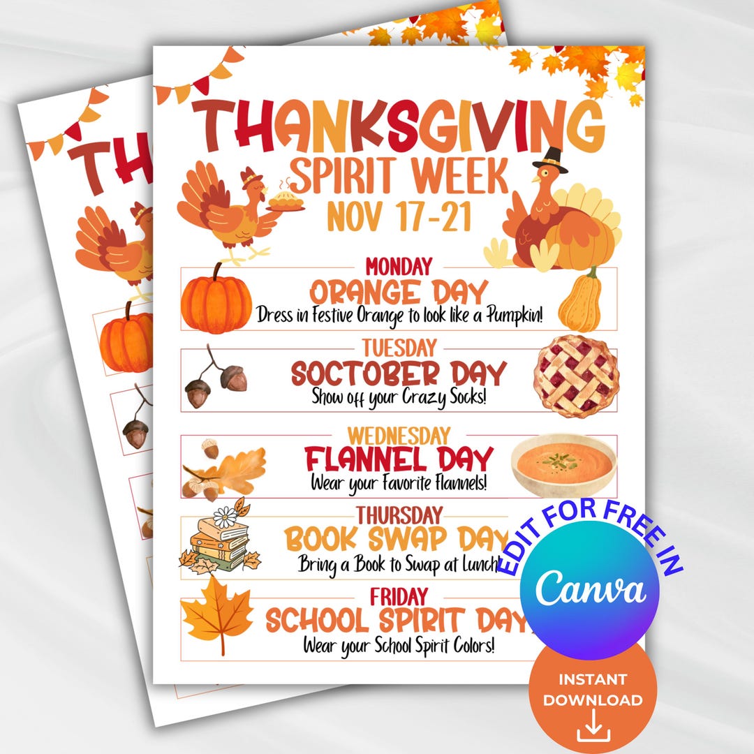 Customizable Thanksgiving School Spirit Week Flyer, PTO PTA Schedule ...