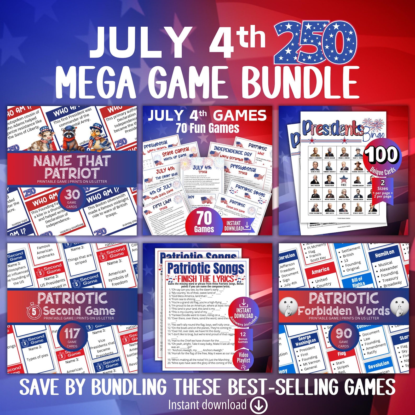 July 4th Game Bundle, Mega Independence Day Trivia, Presidents Bingo ...