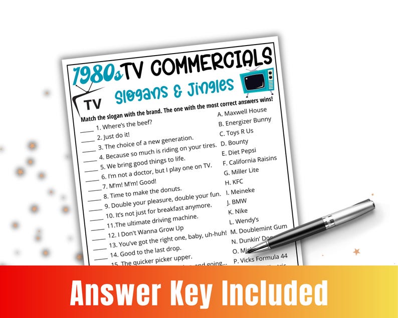 1980s Slogan Trivia Game, 80s Ad Slogans Jingles, TV Commercial Match Quiz, Printable TV Ad Game ...