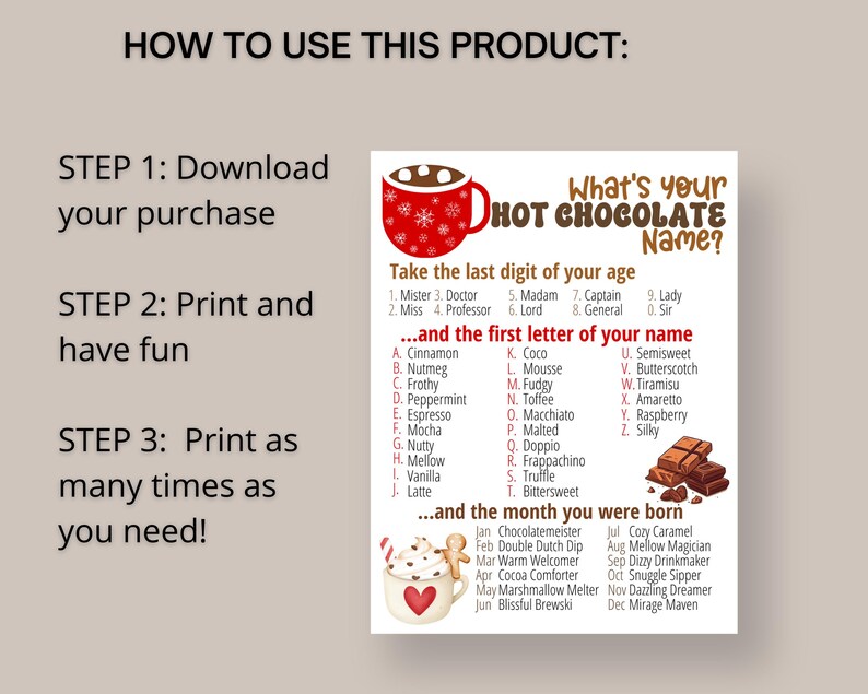 What's Your Hot Chocolate Name Game WITH NAMETAGS + SIGN, Chocolate ...