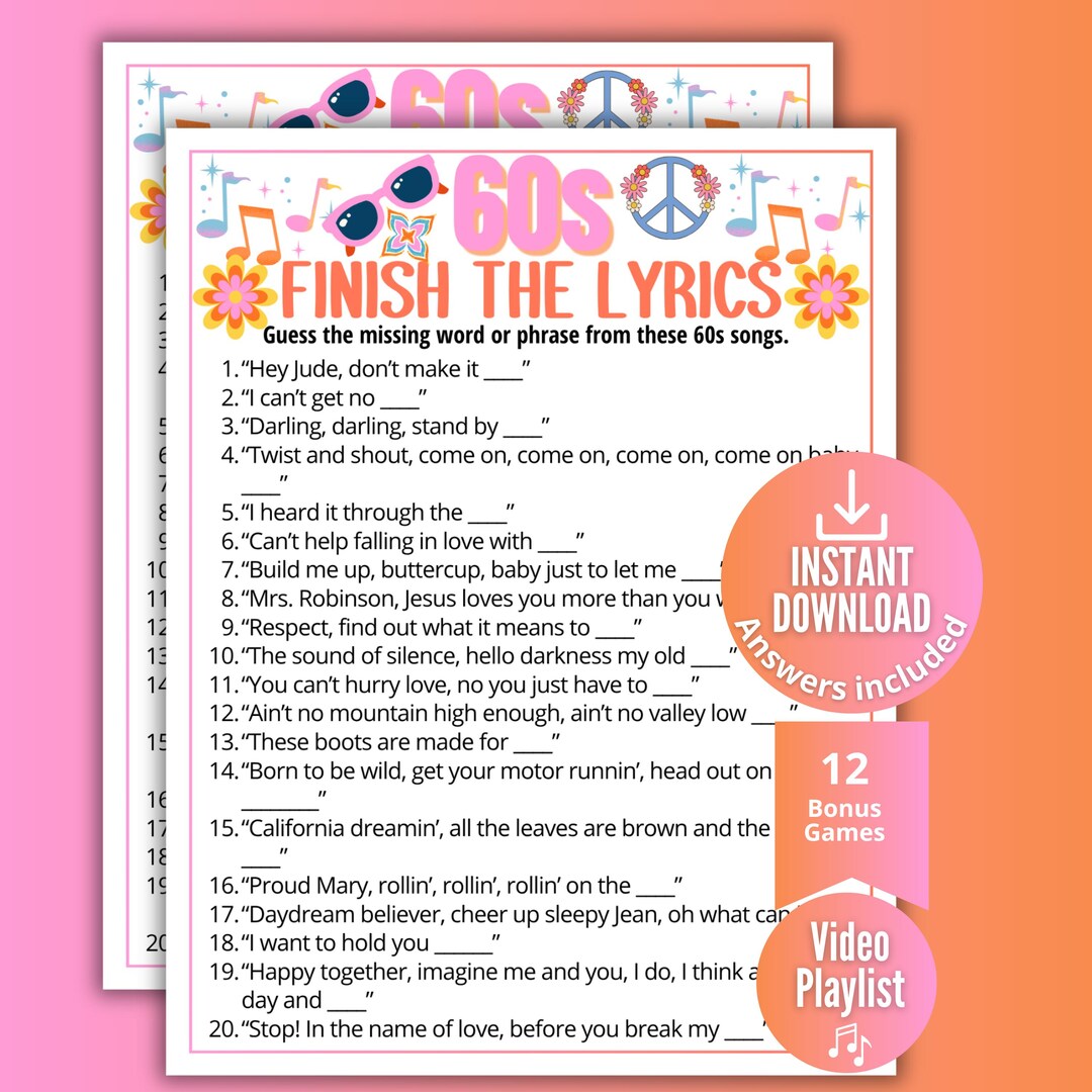 60s Finish the Lyrics Trivia Game, Printable Sixties Music Game for ...