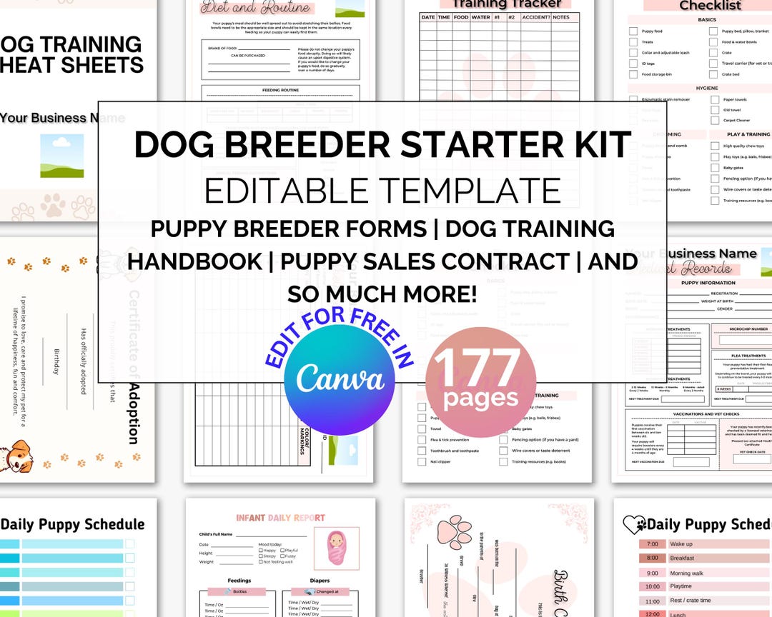 Editable Puppy Breeder Starter Kit Templates, Dog Training Handbook for ...