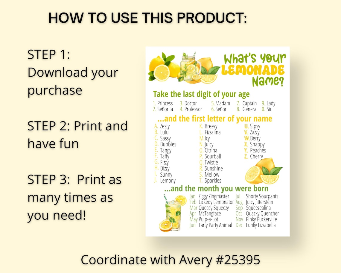 What's Your Lemonade Name Game WITH NAMETAGS + SIGN, Lemon First ...