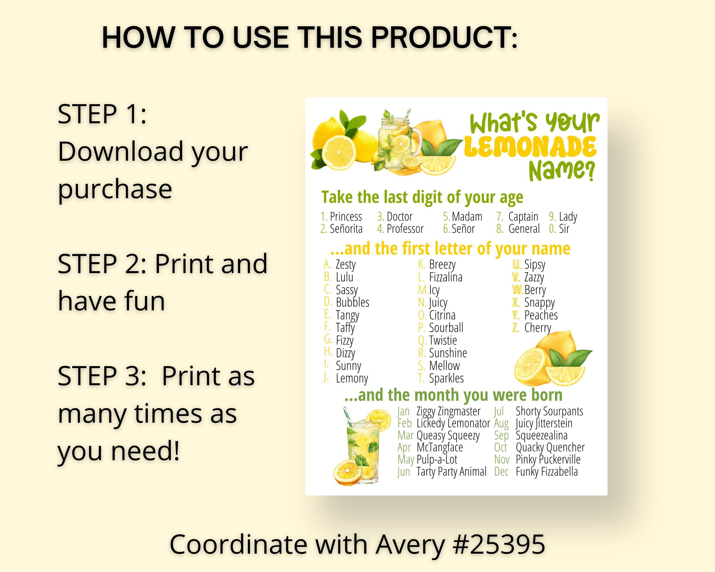 What's Your Lemonade Name Game WITH NAMETAGS + SIGN, Lemon First ...