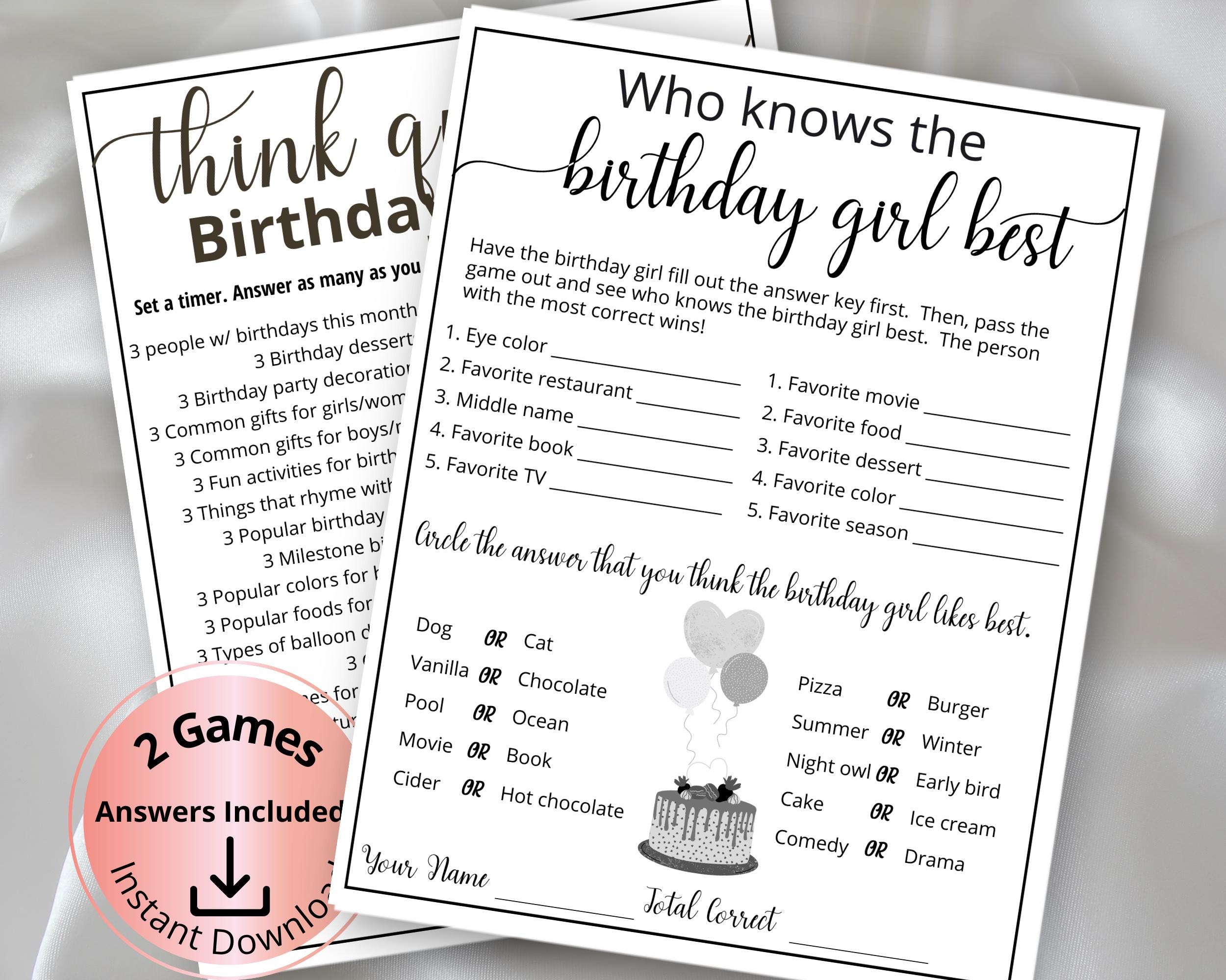 Who Knows the Birthday Girl Best + Think Quick-2 Game Bundle, How Well ...