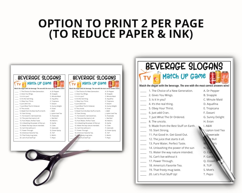 Beverage Slogan Trivia Game, Ad Slogan Match up Quiz,printable TV ...