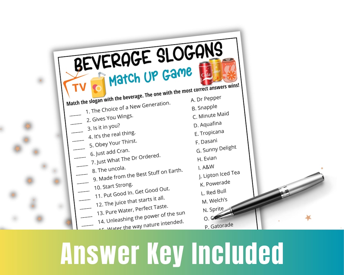 Beverage Slogan Trivia Game, Ad Slogan Match up Quiz,printable TV ...