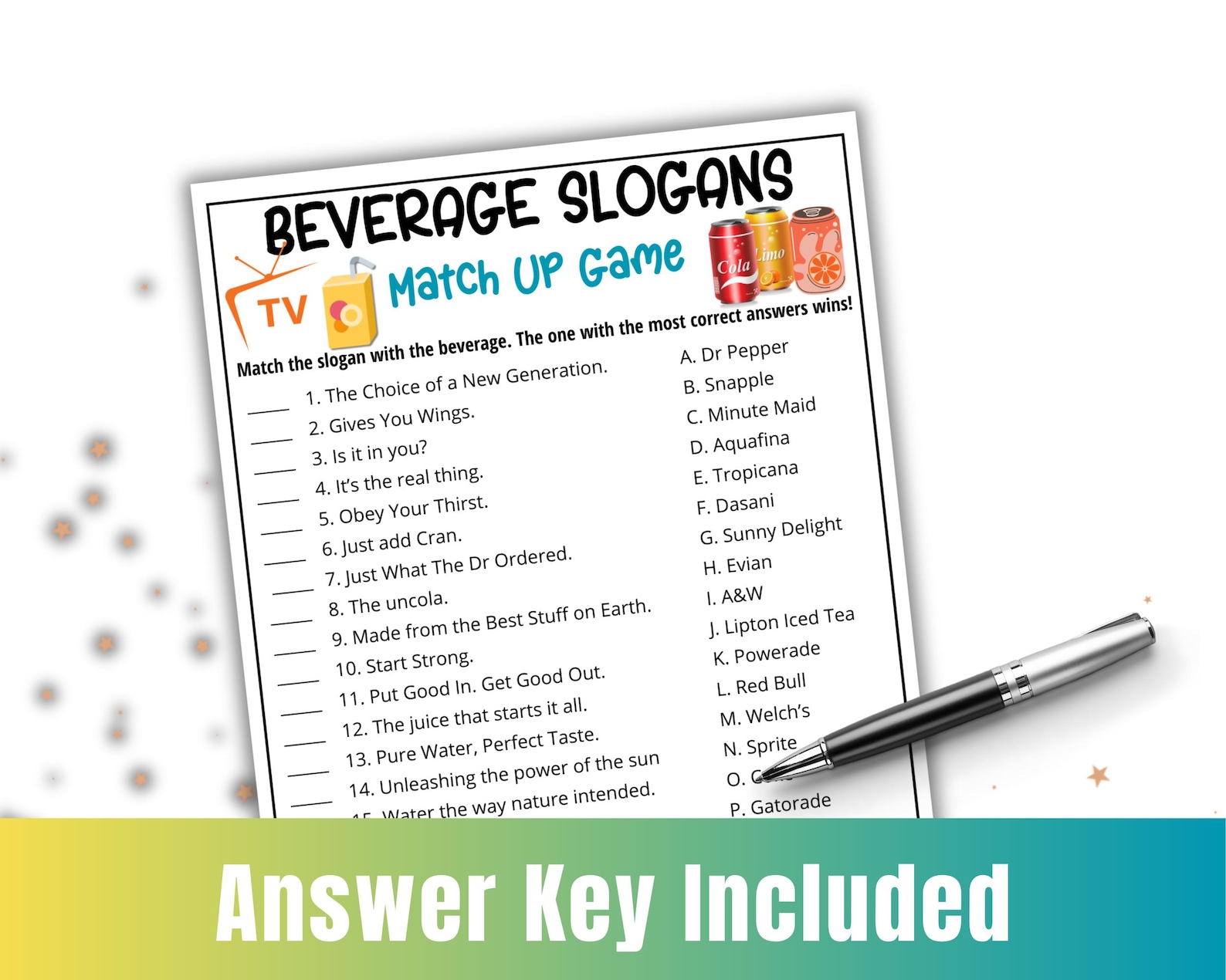 Beverage Slogan Trivia Game, Ad Slogan Match up Quiz,printable TV ...