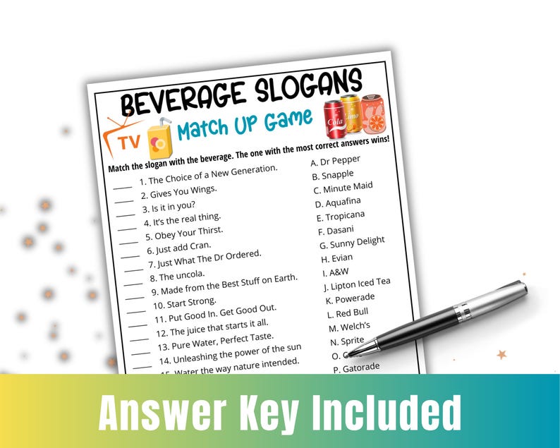 Beverage Slogan Trivia Game, Ad Slogan Match up Quiz,printable TV ...