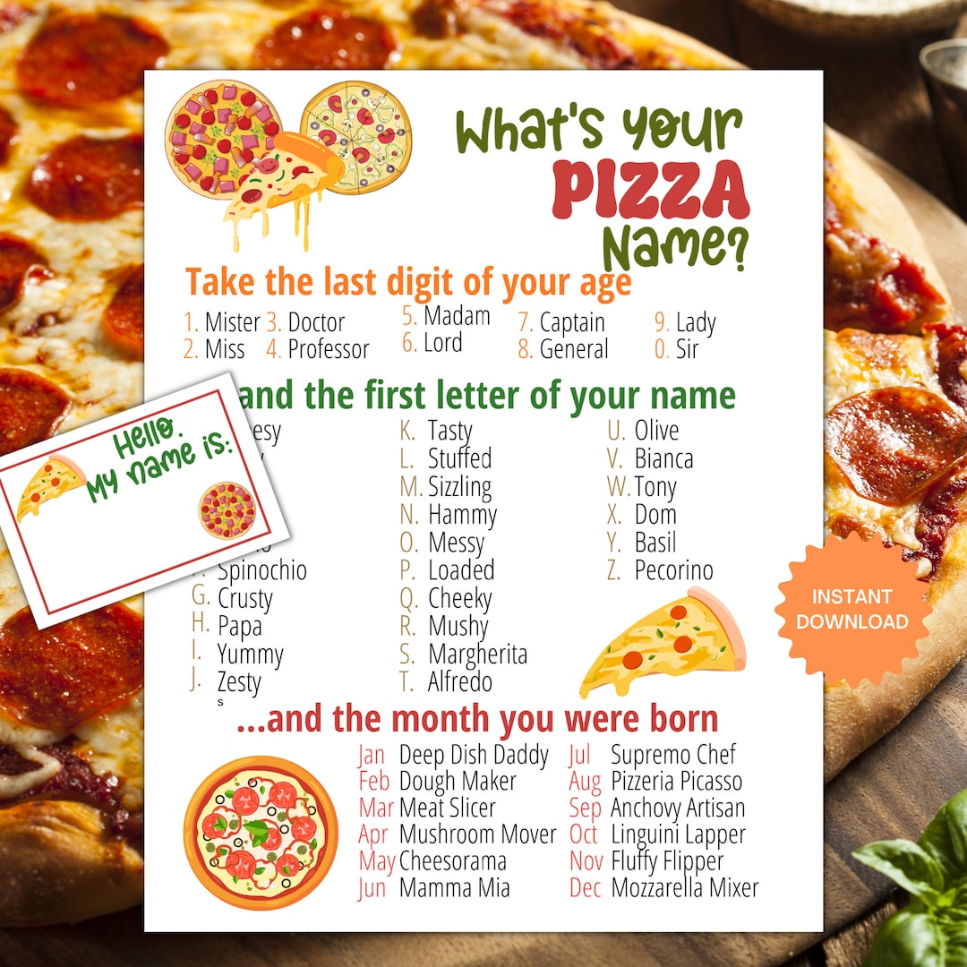 What's Your Pizza Name Game WITH NAMETAGS + SIGN, Pizza Party Game ...