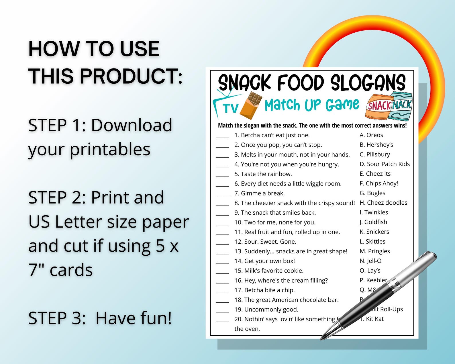 Snack Food Slogan Trivia Game,ad Slogan Match up Quiz,printabletv ...