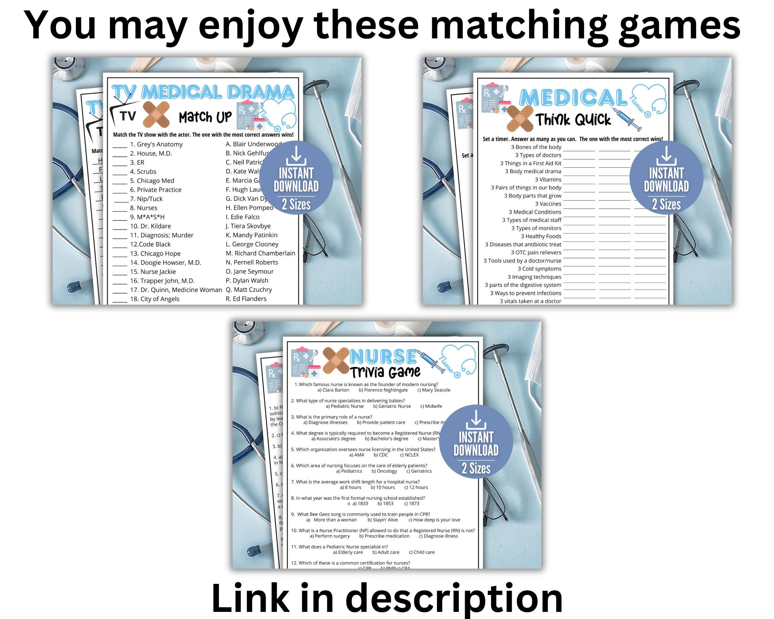 TV Medical Drama Trivia Game, Printable Nurse & Doctor Trivia Game ...