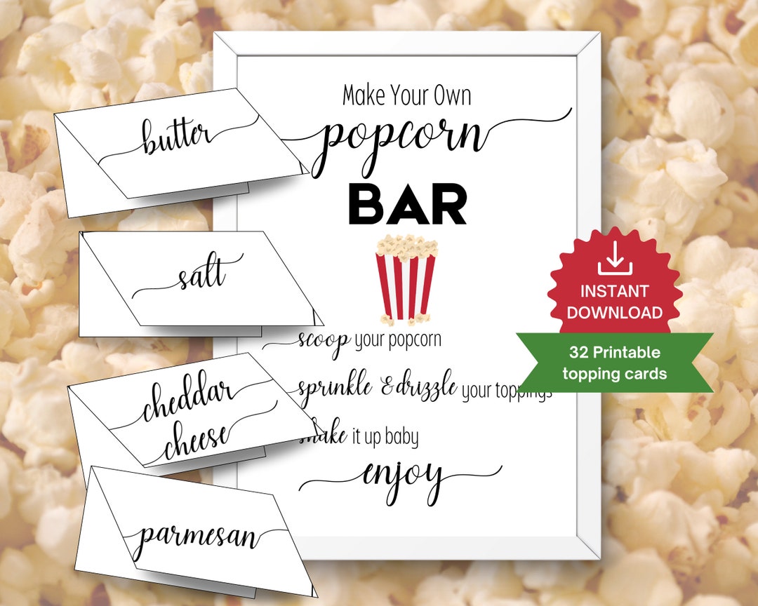 Popcorn Bar Table Signs, Popcorn Themed Birthday Party, Baby Shower ...