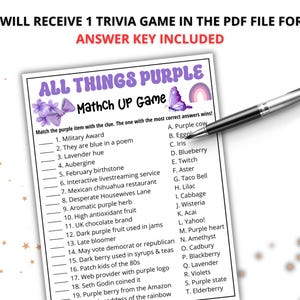 All Things Purple Trivia Game, Girls Night in Printable Game for Kids ...