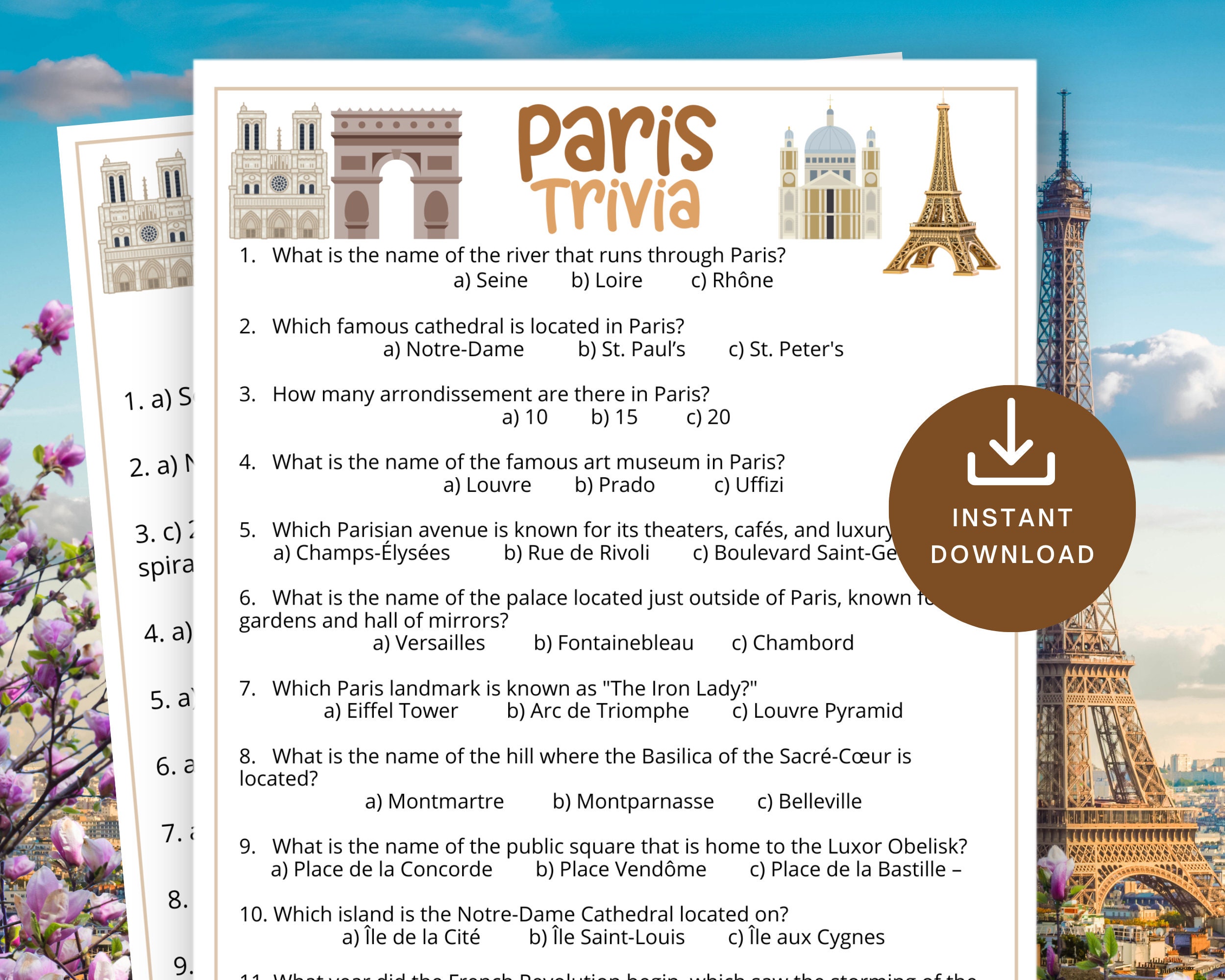 Paris Trivia Game,printable Paris Games for Kids & Adults, French ...
