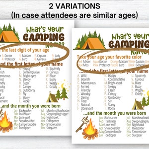 What's Your Camping Name Game WITH NAMETAGS + SIGN, Camping Birthday ...