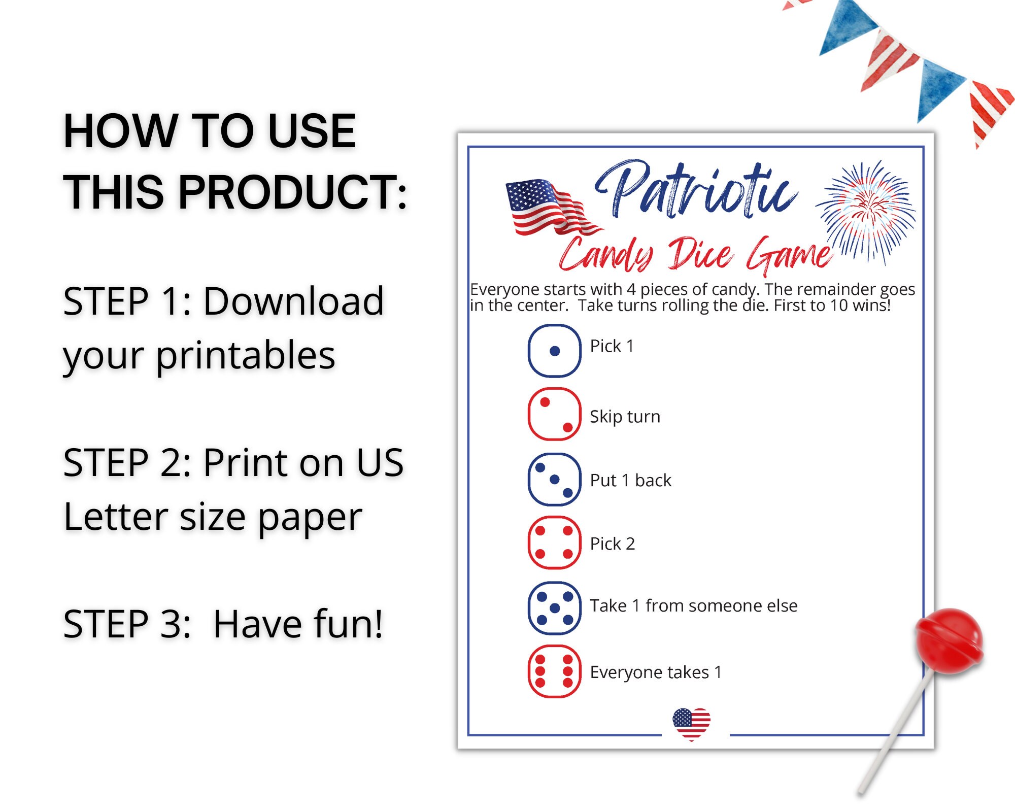 Patriotic Candy Dice Game, Memorial Day Candy Dice Game, Memorial Day ...