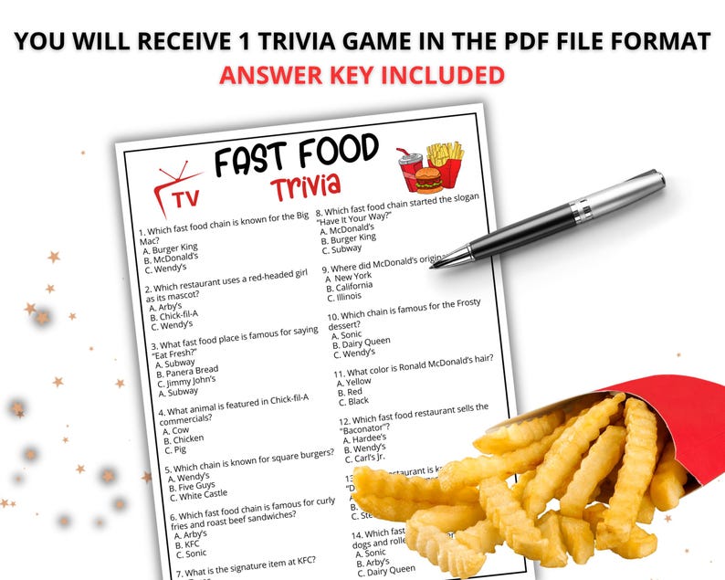 Fast Food Trivia Game, Quick Serve Ad Slogan Quiz,printable TV ...