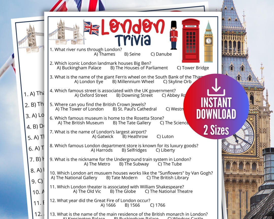 London Trivia Game,printable London Games for Adults, English Birthday ...