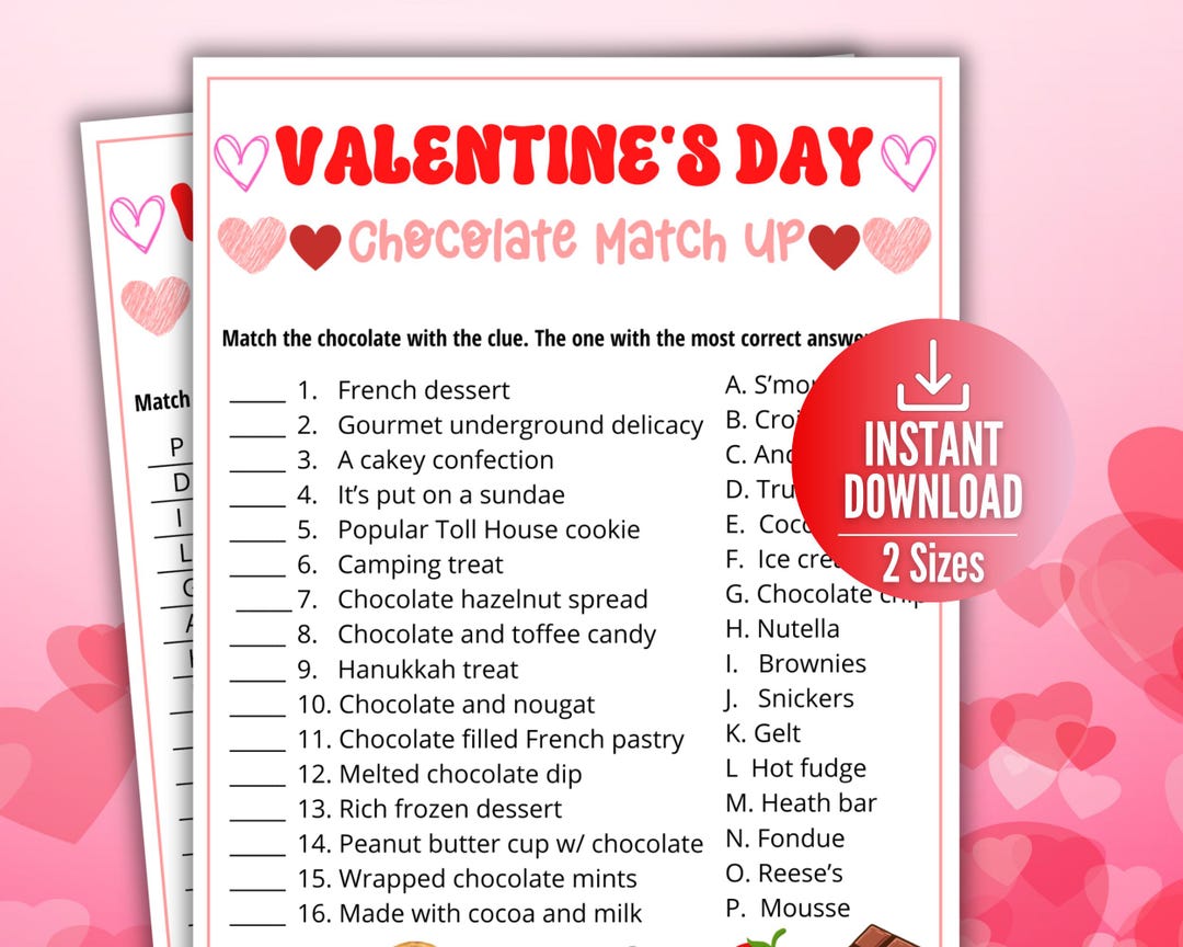 Valentine's Day Chocolate Game, Galentine's Chocolate Match up Game ...