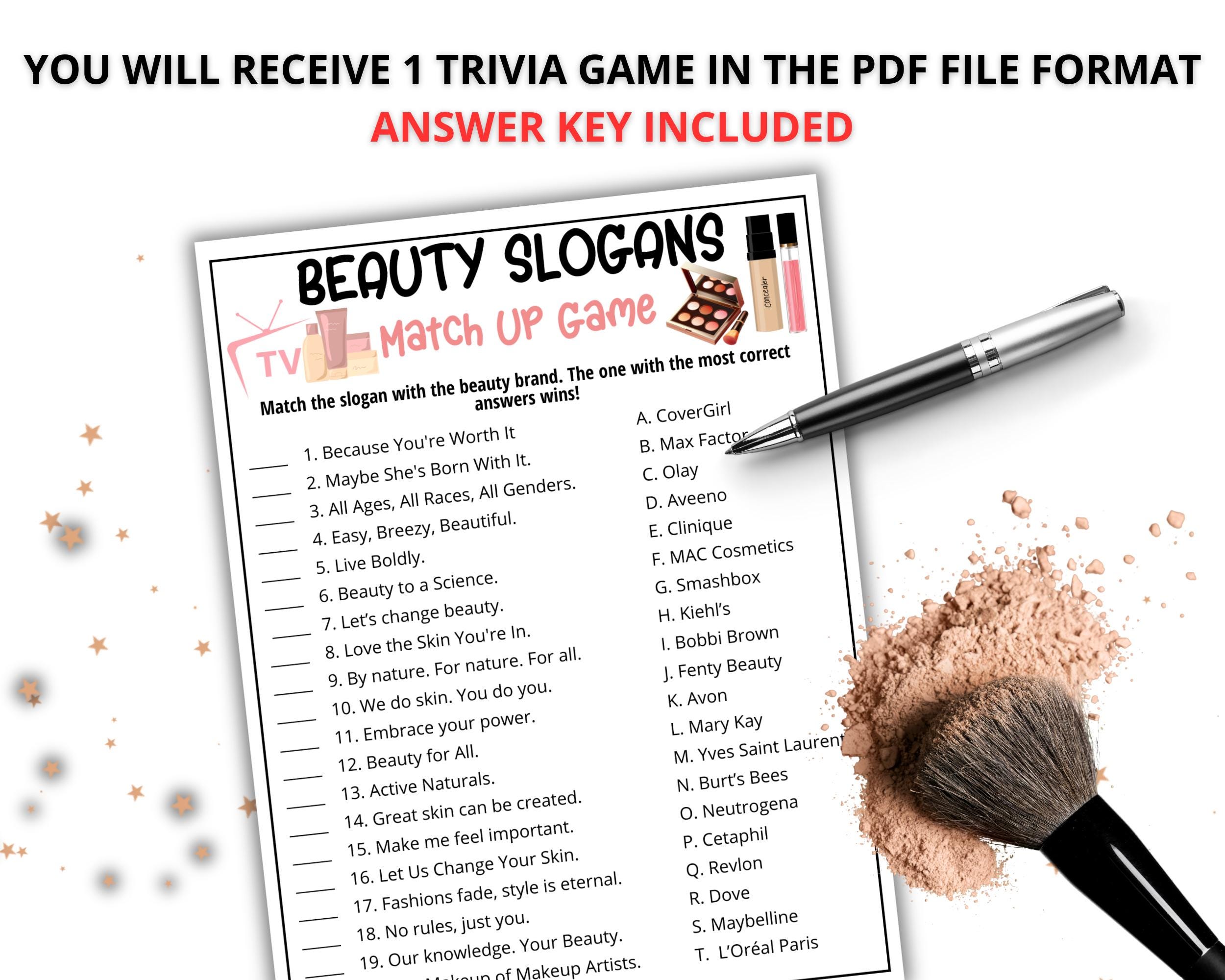Beauty Brand Slogan Trivia Game, Ad Tagline Match up Quiz, Printable ...