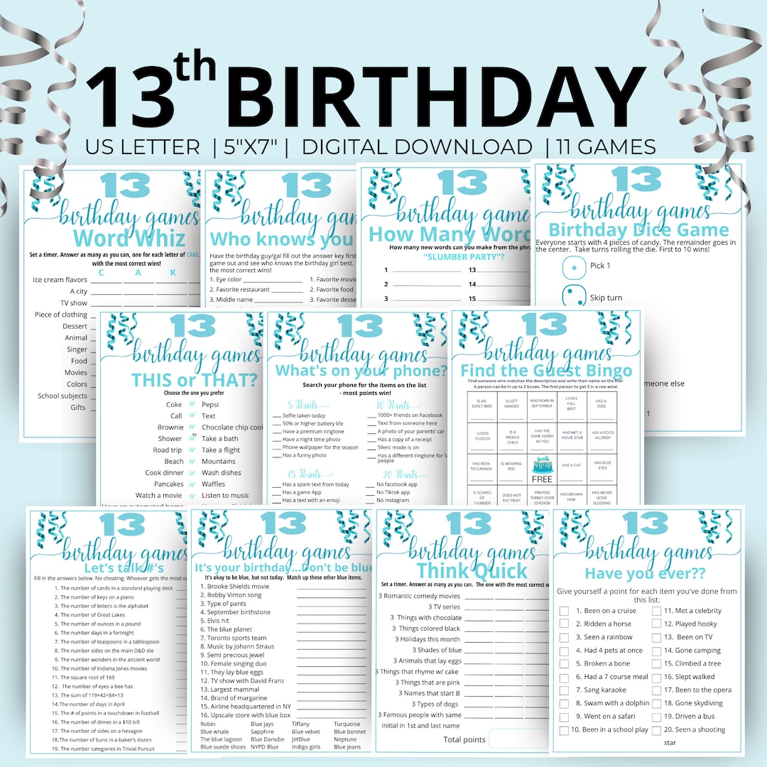 13th Birthday Party Games Aqua, Born in 2012 Game Bundle, Thirteenth ...